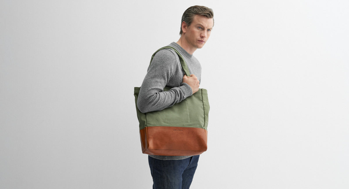 Ballig Khaki Canvas/Leather Tote Bag | Oliver Sweeney