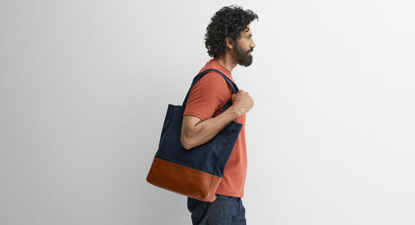 Ballig Navy Canvas/Leather Tote Bag | Oliver Sweeney