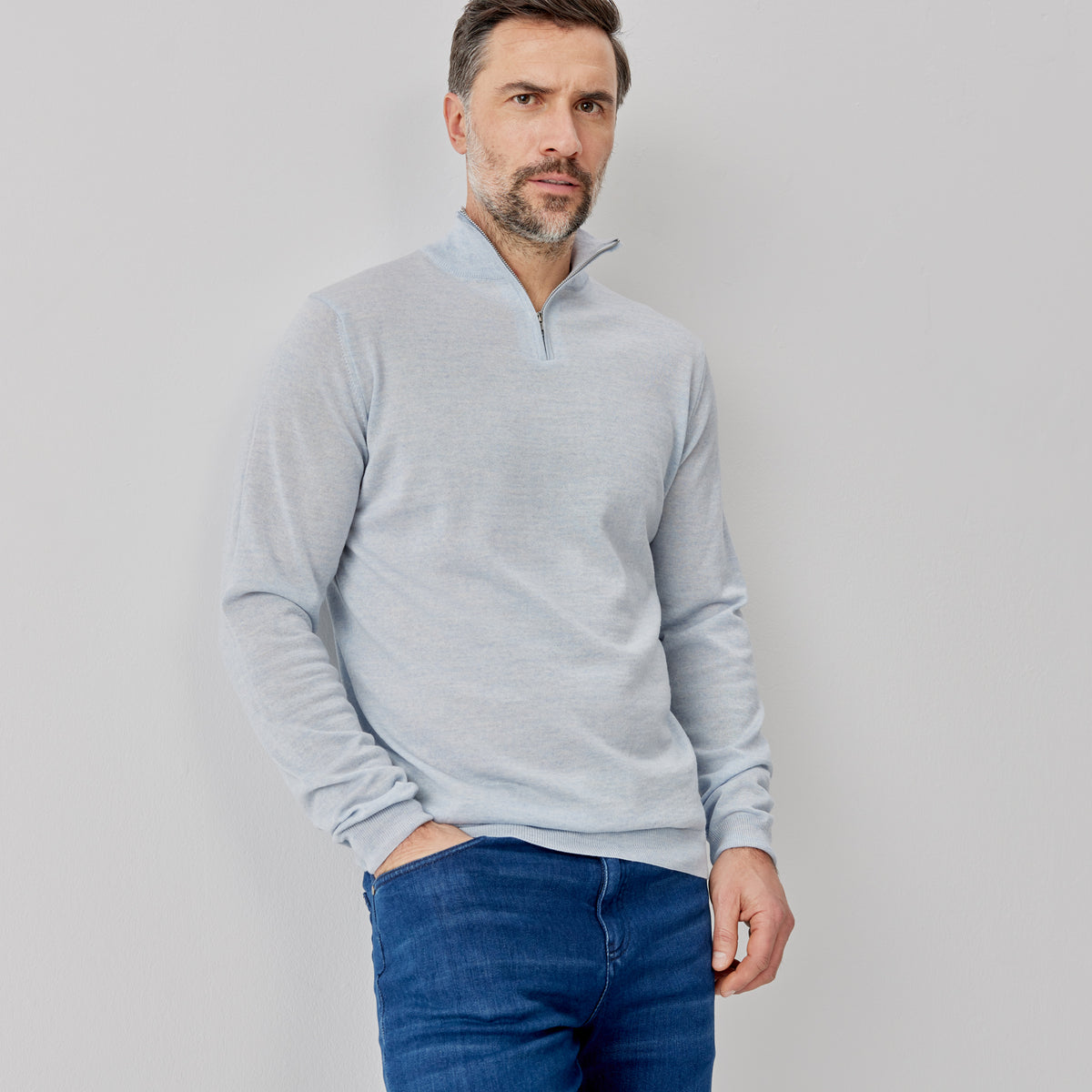 Curragh Light Blue | Men's Wool Zip Jumper | Men's Knitwear | Oliver ...