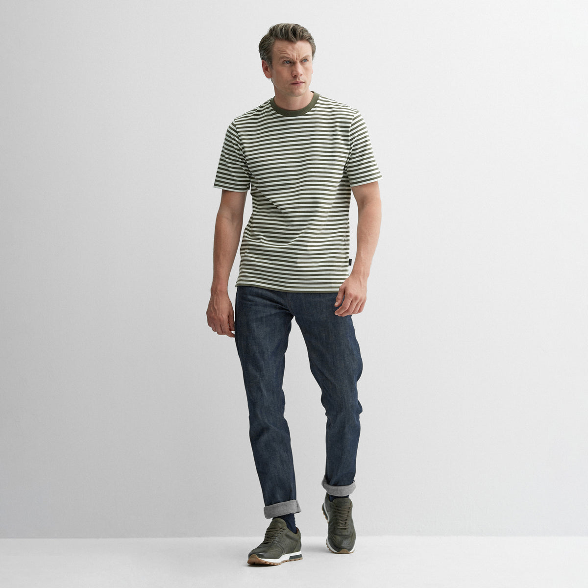 Markham Khaki Stripe | Men's Cotton T-Shirt | Oliver Sweeney