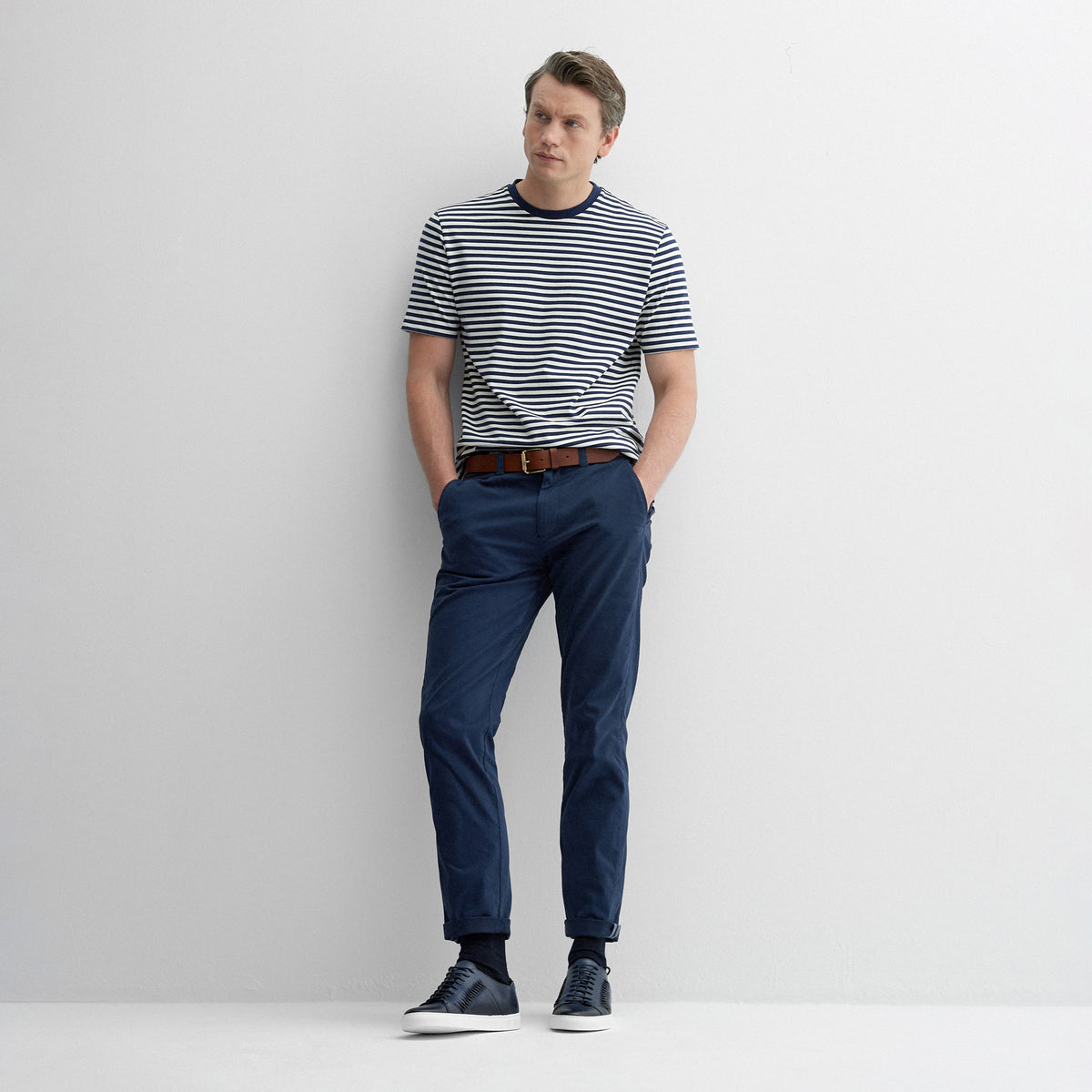 Markham Navy Stripe | Men's Cotton T-Shirt | Oliver Sweeney