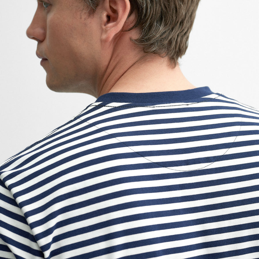 Markham Navy Stripe | Men's Cotton T-Shirt | Oliver Sweeney