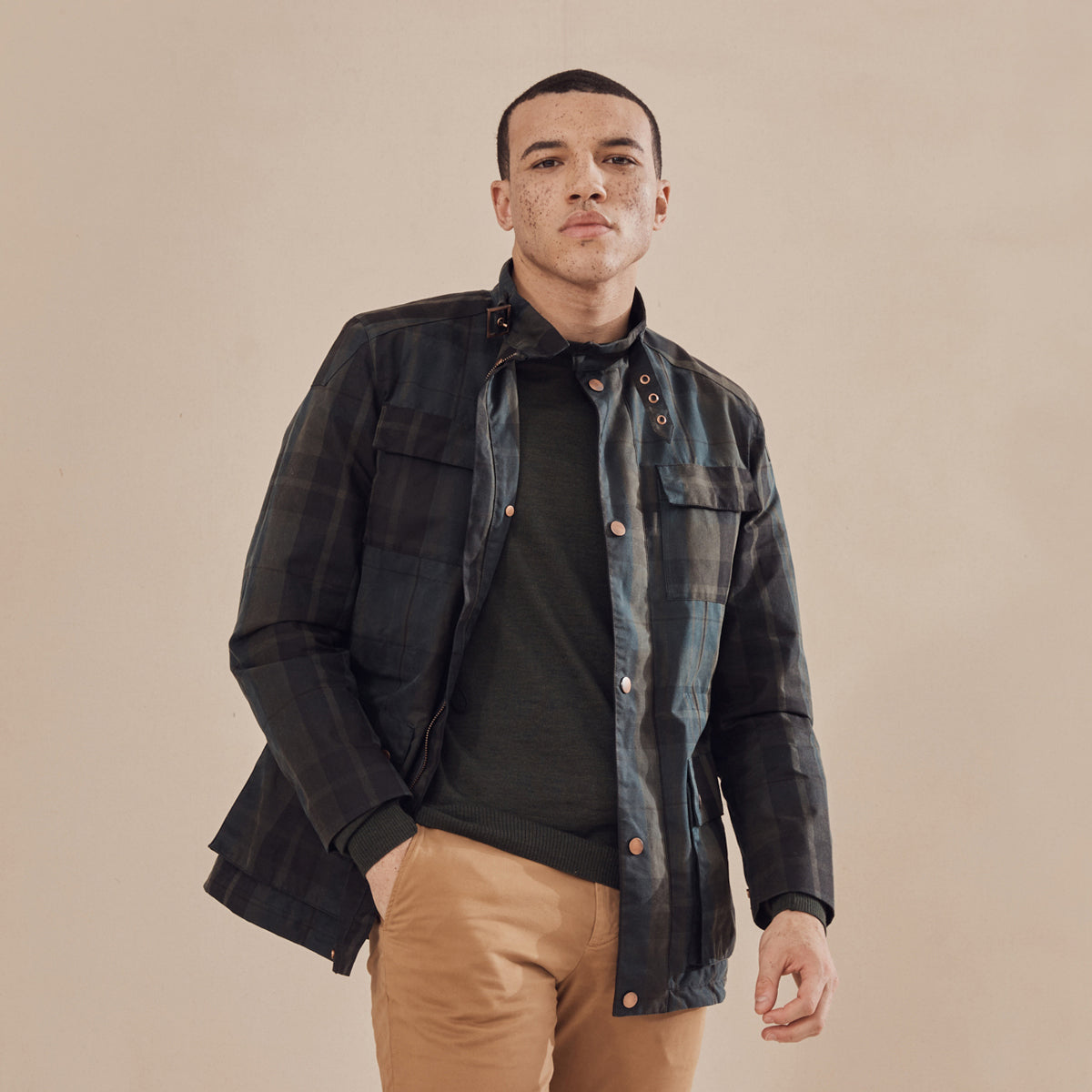 Edwinstowe Green Check | Men's Waxed Cotton Jacket | Oliver Sweeney